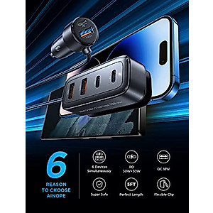AINOPE 90W USB C Car Charger 6-Port, Super Fast USB Car Charger Fast Charging, PD 30W & QC3.0 Cigarette Lighter Car USB Charger Multi Port with 5FT Cable for iPhone 14/iPad Pro/Samsung S23 Ultra