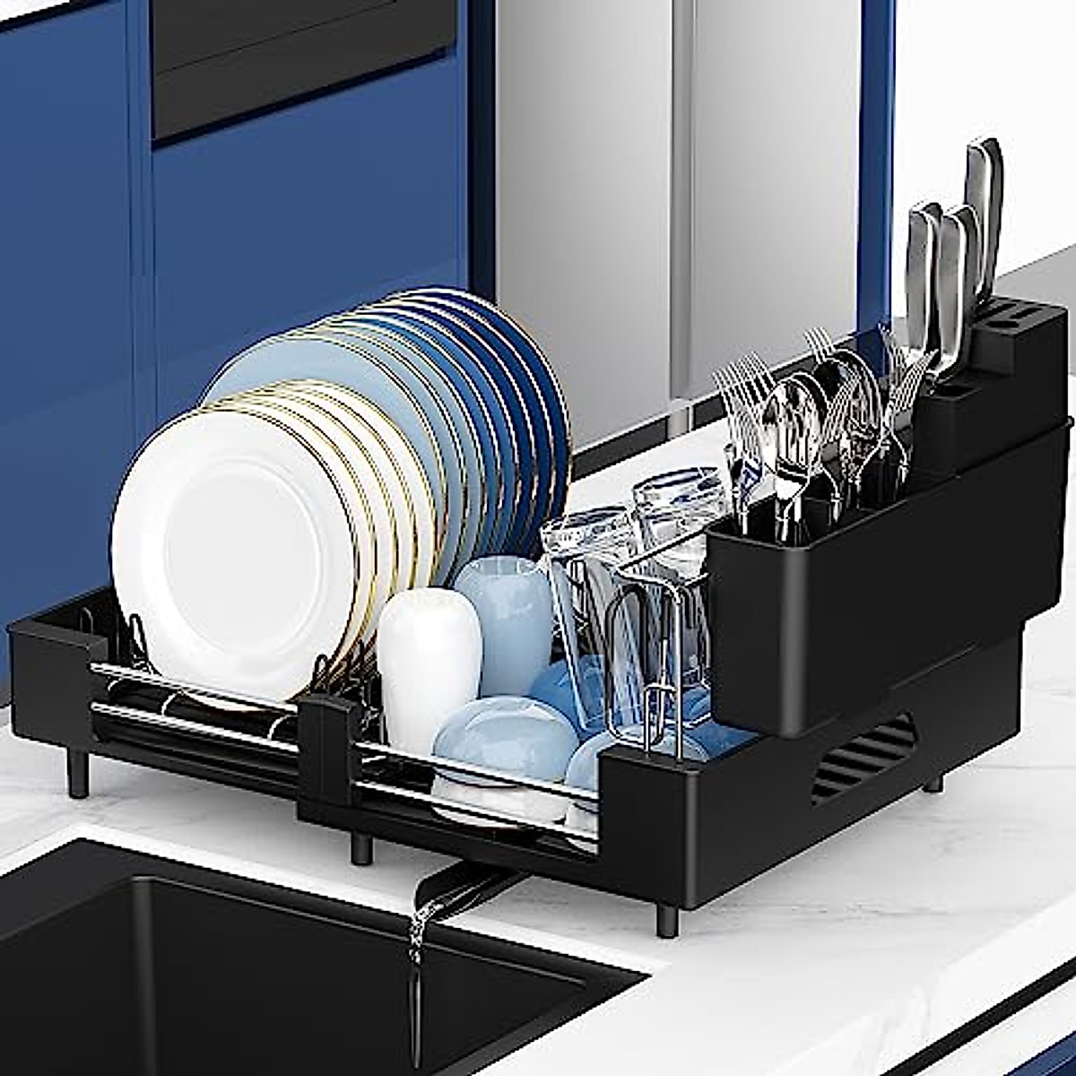 ROTTOGOON Expandable Dish Drying Rack, Stainless Steel Rustproof Dish Rack for Kitchen Counter, (12.8"-19.1") Dish Drainer with Drainage, Utensil Holder, Cup Holder for Various Kitchenware, Black