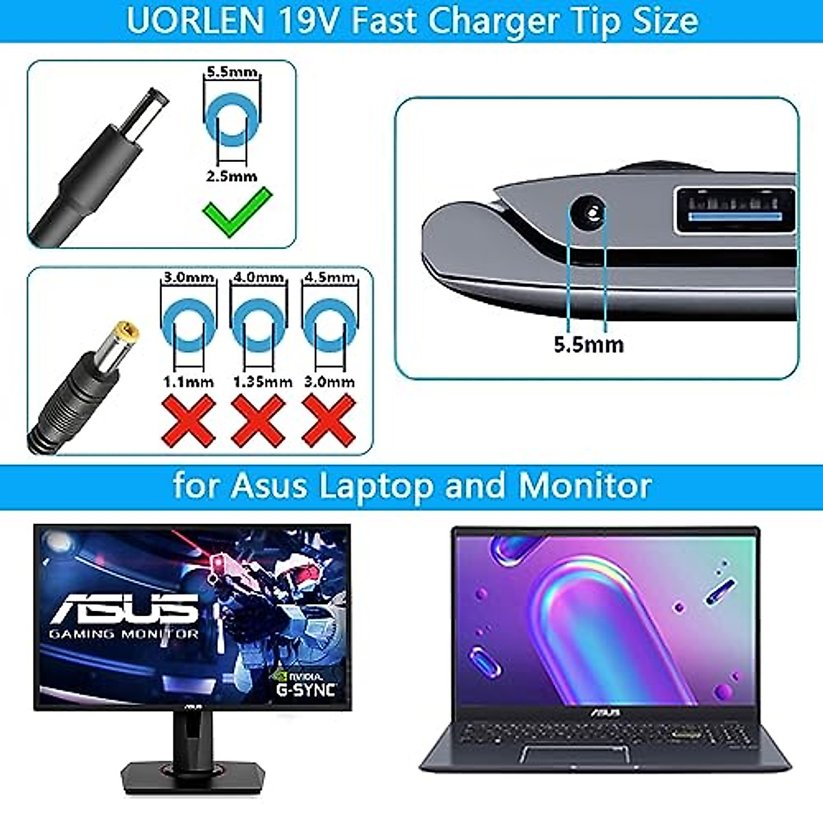 UL-Listed 19V Power Cord for Asus Monitor 22'' 23'' 24'' 27'' VG278 VG278Q VG279 VG279Q VG279QR VG245 VG245H VG248QE VG248QG VG275Q VG258QM VG248QG LED LCD TUF Gaming Display, 19Volt Laptop Charger