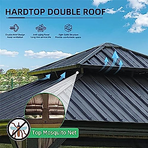12'x12' Hardtop Gazebo, Outdoor Aluminum Frame Canopy with Galvanized Steel Double Roof, Outdoor Permanent Metal Pavilion with Curtains and Netting for Patio, Backyard and Lawn(Brown)