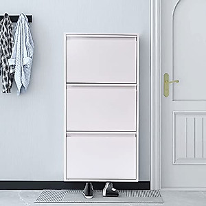 DYRABREST Shoe Storage Cabinet - Wall Mounted & No-Assembly Metal Shoe Organizer Cabinet for Entryway, Hallway, and Corridor,Tipping Bucket Shoe Cabinets with 3 Flip Drawers,Holds 9 Pair Shoes, White