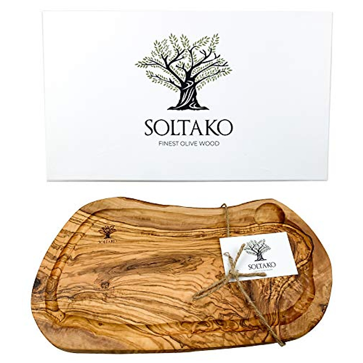 SOLTAKO Olive Wood Cutting Steak Board, Large Cheese Board, Hand Made Serving Platter, Wooden Charcuterie Board, Rustic Chopping Board with Juice Groove