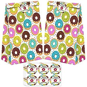 24 Pack Donut Party Candy Favor Bags with Stickers, Donut Goodie Gift Treat Bags Donut Themed Birthday Party Supplies
