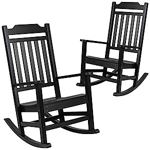 EMMA + OLIVER Set of 2 Black All-Weather Poly Resin Faux Wood Rocking Chairs for Porch &Patio