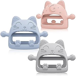 3 Pack Baby Teether Toys,Teething Toys for Babies 0-6 Months,Never Drop Baby Chew Toys with Cute Cat Pattern,Hand Teether Pacifiers for Teething Relief,Ideal Baby Shower Gifts for New Moms & Newborn