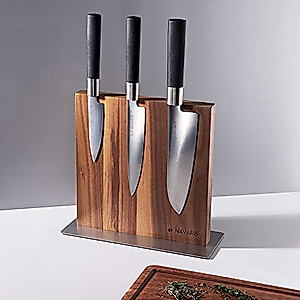 Navaris Wood Magnetic Knife Block - Double Sided Wooden Magnet Holder Board Stand for Kitchen Knives, Scissors, Metal Utensils - Walnut, 8.9 x 8.7 in