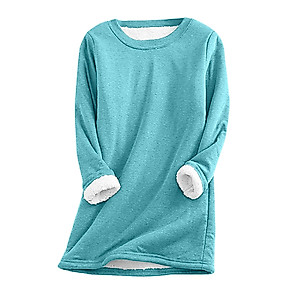warehouse Women 2023 Fleece Lined Shirts Casual Long Sleeve Sherpa Warm Tops Round Neck Plus Size Solid Comfort Underwear Light Blue L