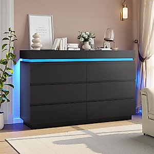 DICTAC Modern 6 Drawer Dresser with Sliding Desktop, Wide Chest of Drawers with Charging Station & LED Lights, Large Storage Tower Clothes Organizer, Black Dresser for Bedroom
