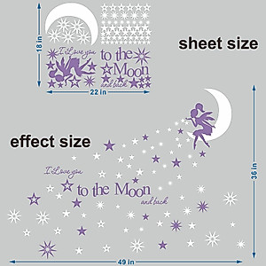 ANFRJJI Fairy Wall Decal "I Love You to The Moon and Back" Fairy Wall Sticker White moon and stars and purple elf fairy text and stars for Girl, Kids Bedroom Wall Decals, Nursery Decor JWH165 (purple