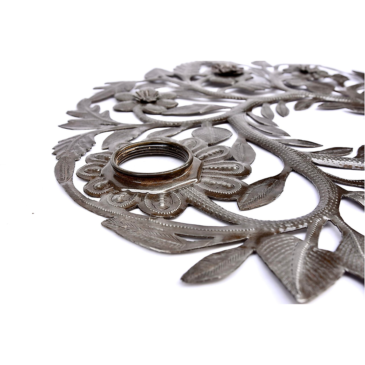 Front Door Metal Wreath with Flowers and Branches, Garden Wall Hanging Lid Sculpture, Handmade in Haiti 23 in. x 23 in.
