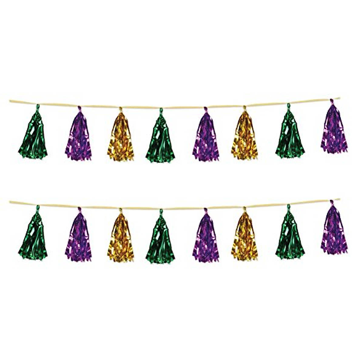 Beistle Beistle , 2 Piece Metallic Tassel Garlands, 9.75" x 8', 9.75" x 8', Green/Gold/Purple
