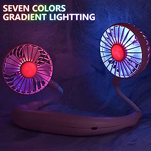 Rechargeable Portable Neck Fan, 3 Speeds Hands Free Fan with 7 Colours LED lighting, 360° Cooling and Quiet Personal Fan, Adjustable USB Powered Neck Fans for Built-IN Aromatherapy Tablets for Women