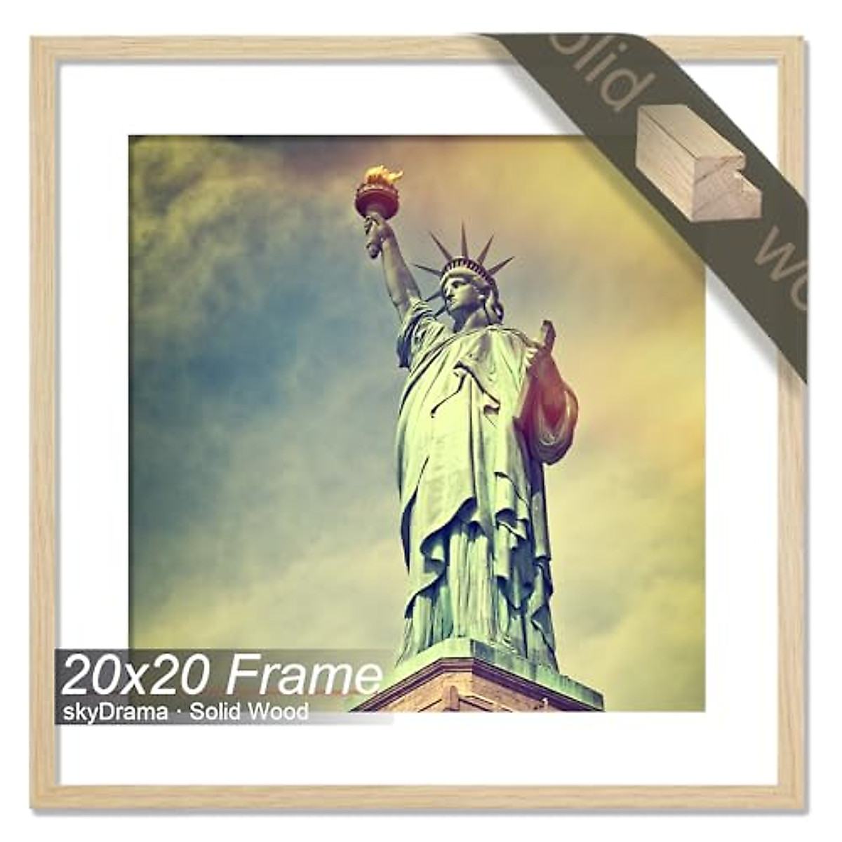 skyDrama Solid Wood 20x20 Picture Frame Oak, Display 16x16 Photo without Mat or 20x20 Poster with Mat, Light Weight High Transparent Wooden 20by20 Frame for Wall - 20"x20"/Oak/1Pack