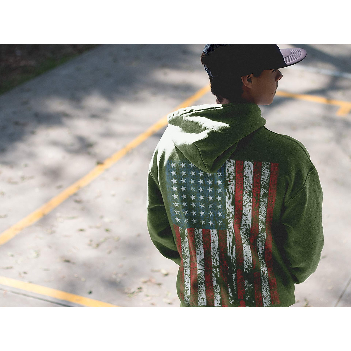 Lucky Ride American Flag Mens Sweatshirt United States USA Tattered Flag Hoodie, Black, S