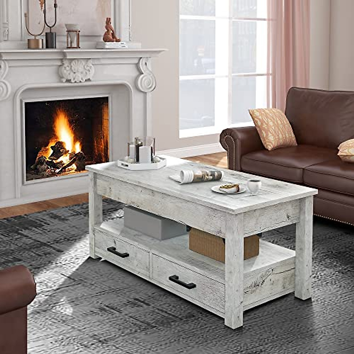 FABATO 41.7'' Lift Top Coffee Table with Hidden Compartment for Living Room, Mid-Century Cocktail Table with 2 Storage Drawers Wood Tea Center Table for Home Office, Gray