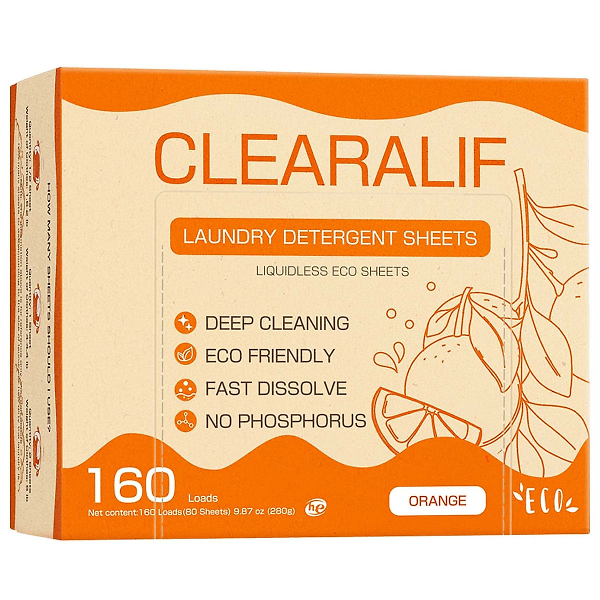 CLEARALIF Laundry Detergent Sheets Up to 160 Loads, Orange - Great For Travel, Apartments, Dorms,CLEARALIF Laundry Detergent Strips Eco Friendly & Hypoallergenic