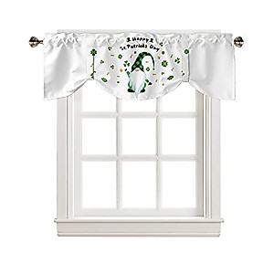 Tie Up Valance Curtain for Kitchen Windows, Happy St Patricks Day Clover Dwarf Gold White Window Curtain Valance with Adjustable Strap Window Treatment for Cafe Bathroom, 60"x18", 1 Pane