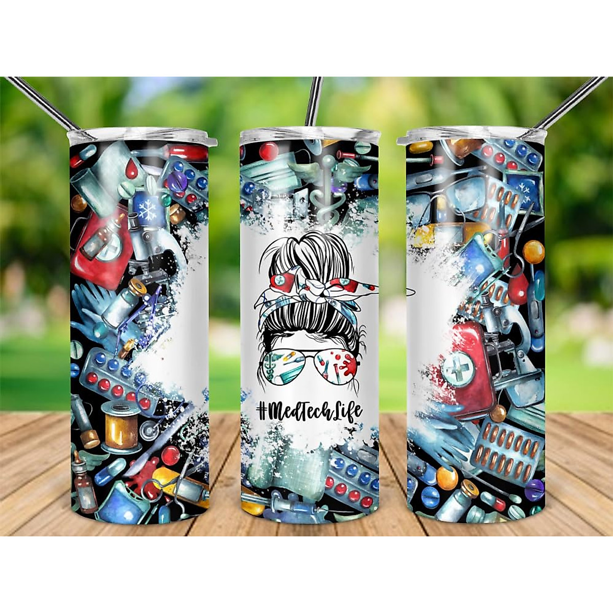 Med Tech Life #1 20oz Stainless Steel Tumbler, Slide Door Lid & Straw Included, Messy Bun, Medical Technician, Use At Work, Thank You, Gift, Great For Keeping Drink Cold or Hot