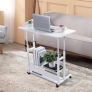 Portable Desk for Bedroom Height Adjustable 31x16 inch Storage Rolling Desk Modern Laptop Table Home Office Workstation Sofa Side Table with Wheels for Living Room Mobile Couch Small Study Desk White
