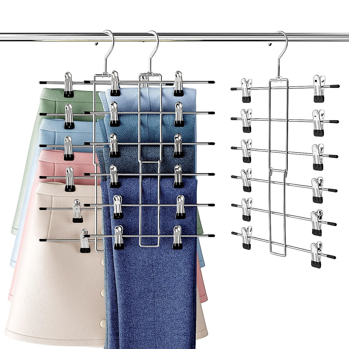 Closet Organizers and Storage-Hanging Closet Organizer-6 Tier-Skirt & Pants Hangers Space Saving-Durable Closet Organization Hangers-Skirt Hangers with Clips-2 Pack Closet Storage-Apartment Essentials