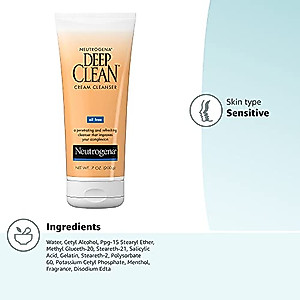 Neutrogena Deep Clean Daily Facial Cream Cleanser with Beta Hydroxy Acid to Remove Dirt, Oil & Makeup, Alcohol-Free, Oil-Free & Non-Comedogenic, 7 fl. oz