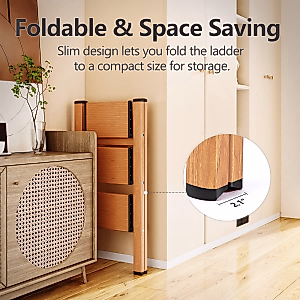SOLADDER 3 Step Ladder Anti-Slip Foldable Step Stool Aluminum Lightweight with Wide Pedal for Home and Kitchen Space Saving - Woodgrain (330 lbs)