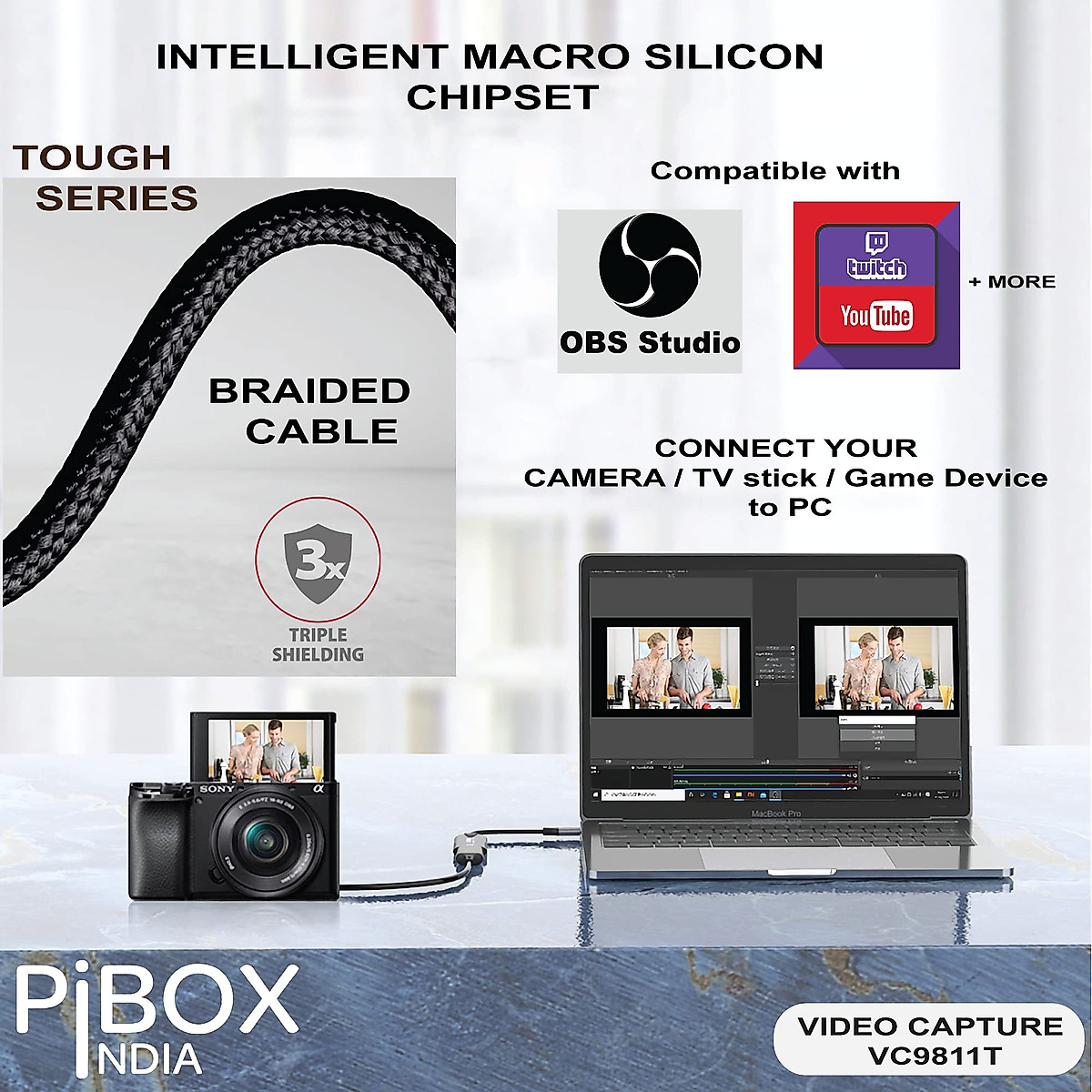 Video Capture Card, PiBOX India Braided Tough, 4K HDMI to USB 3.0 Game Capture Device Aluminium Windows Android Mac,HD 1080P Audio Video Card Live Streaming Gaming, Teaching Live Broadcasting