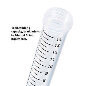 Globe Scientific 6285 Polypropylene Centrifuge Tube with Attached Blue Flat Top Screw Cap, Sterile, Printed Graduation, Bag Pack, 15mL Capacity (Case of 500)