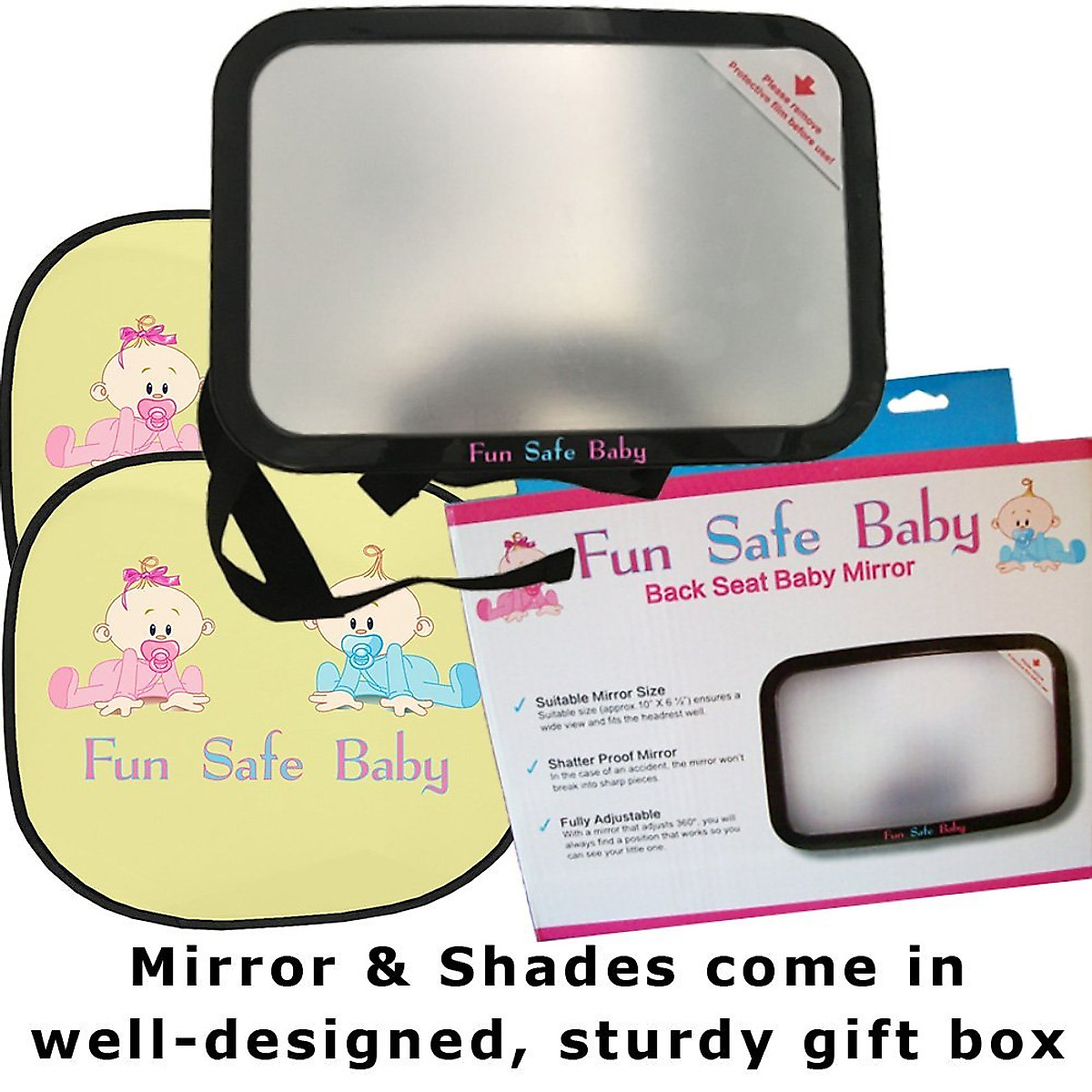 Fun Safe Baby Safety and Comfort Pack, Backseat Mirror for Rear Facing Car Seat and 2 Sunshades