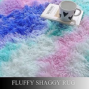 FGCOGOD Fluffy Soft Shag Rug for Bedroom, 3 x 5 Feet Kids Rugs for Bedroom Girls, Shaggy Tie Dyed Purple Blue Carpet for Living Room, Colorful Non-Slip Area Rug, Children Playroom Nursery Rug