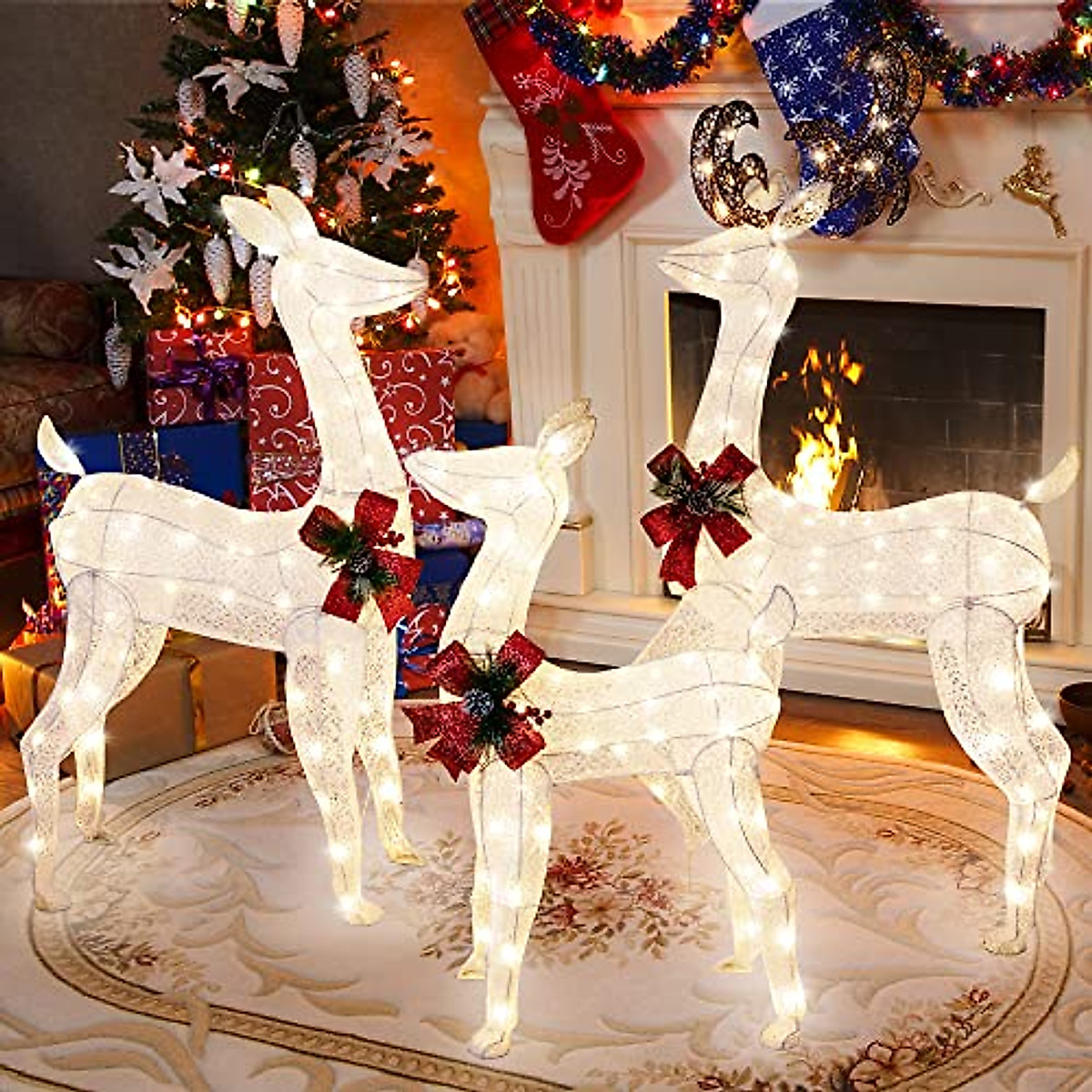 Shintenchi 3-Piece LED Lighted Christmas Deer Outdoor Yard Decorations, 3D Super Large Christmas Reindeer Decor, Outdoor Lighted Holiday Deer with 360 LED Displays for Front Yards Garden Lawn Patio