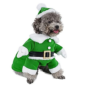 Mogoko Dog Cat Christmas Santa Claus Costume, Funny Pet Cosplay Costumes Suit with Cap, Puppy Fleece Outfits Warm Coat Animal Festival Apparel Clothes Green Size M for Small Breeds Dog