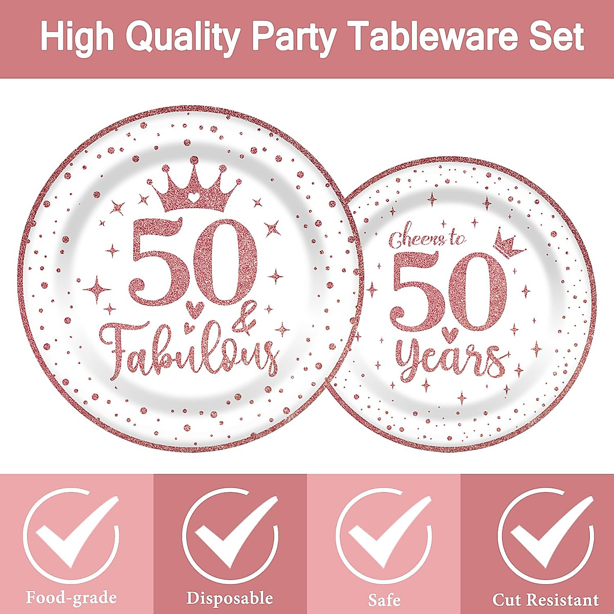 50th Birthday Tableware for Women - 96Pcs 50th Birthday Plates and Napkins | Rose Gold Party Supplies 50th Fabulous Happy Birthday Tableware Set | Cheers to 50 Years Party Decorations Serves 24 Guests