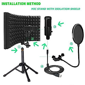 Studio Recording Microphone Isolation Shield with Pop Filter &Tri-Stand Kit Music Recording USB Condenser Mics to Laptop Pc Mac Phone Equipment for Singing Song