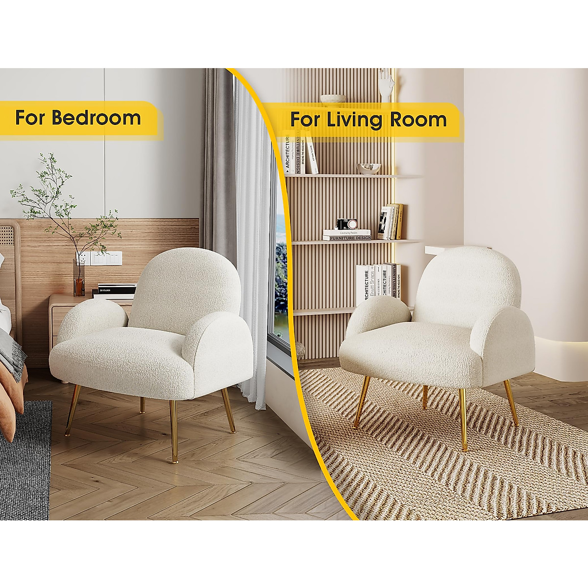 Dewhut Modern Sherpa Boucle Accent Chair, Upholstered Arm Vanity Chair with Metal Legs for Corner, Fluffy Reading Side Chairs for Living Room, Bedrooms, Home Office, Dorm, Reading Nook (Cream white)