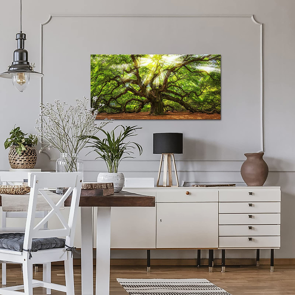 Conipit Landscape Canvas Artwork Angel Oak Tree Picture Prints Sunshine Through Tree Canvas Green Oak Tree Painting South Carolina Tree Print Framed and Stretched Nature Canvas (W-40xH-20)