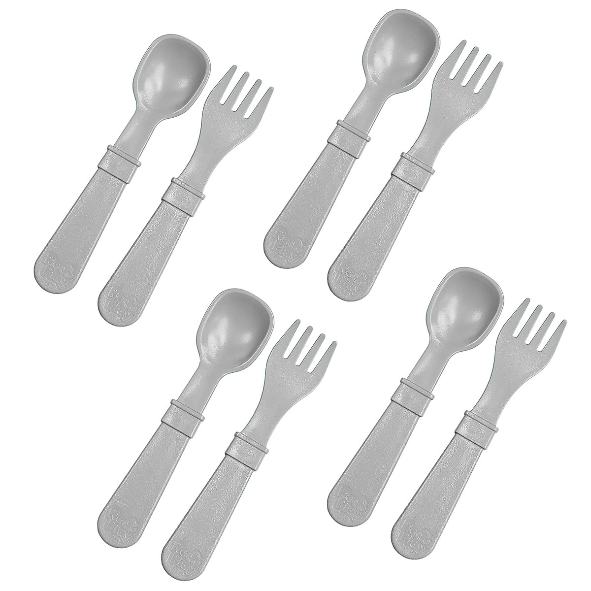 Re-Play Made in USA Toddler Forks and Spoons, Pack of 8 Without Carrying Case - 4 Kids Forks with Rounded Tips and 4 Deep Scoop Toddler Spoons - 0.2" Thick Toddler Utensils, Grey