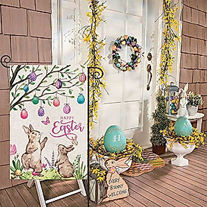 Happy Easter Bunny Garden Flag for Outdoor 12x18 Double Sided,Rabbit Egg Tree Small Yard Flag,Seasonal Decors for Spring Farmhouse Holiday Outside