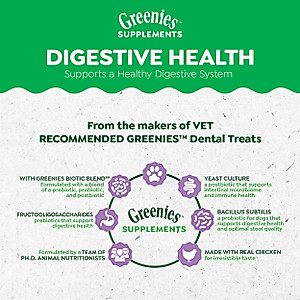 Greenies Supplements Digestive Health Probiotics for Dogs Chicken Flavor, 15.6 oz. Tub of 80 ct. Soft Chews Dog Probiotics