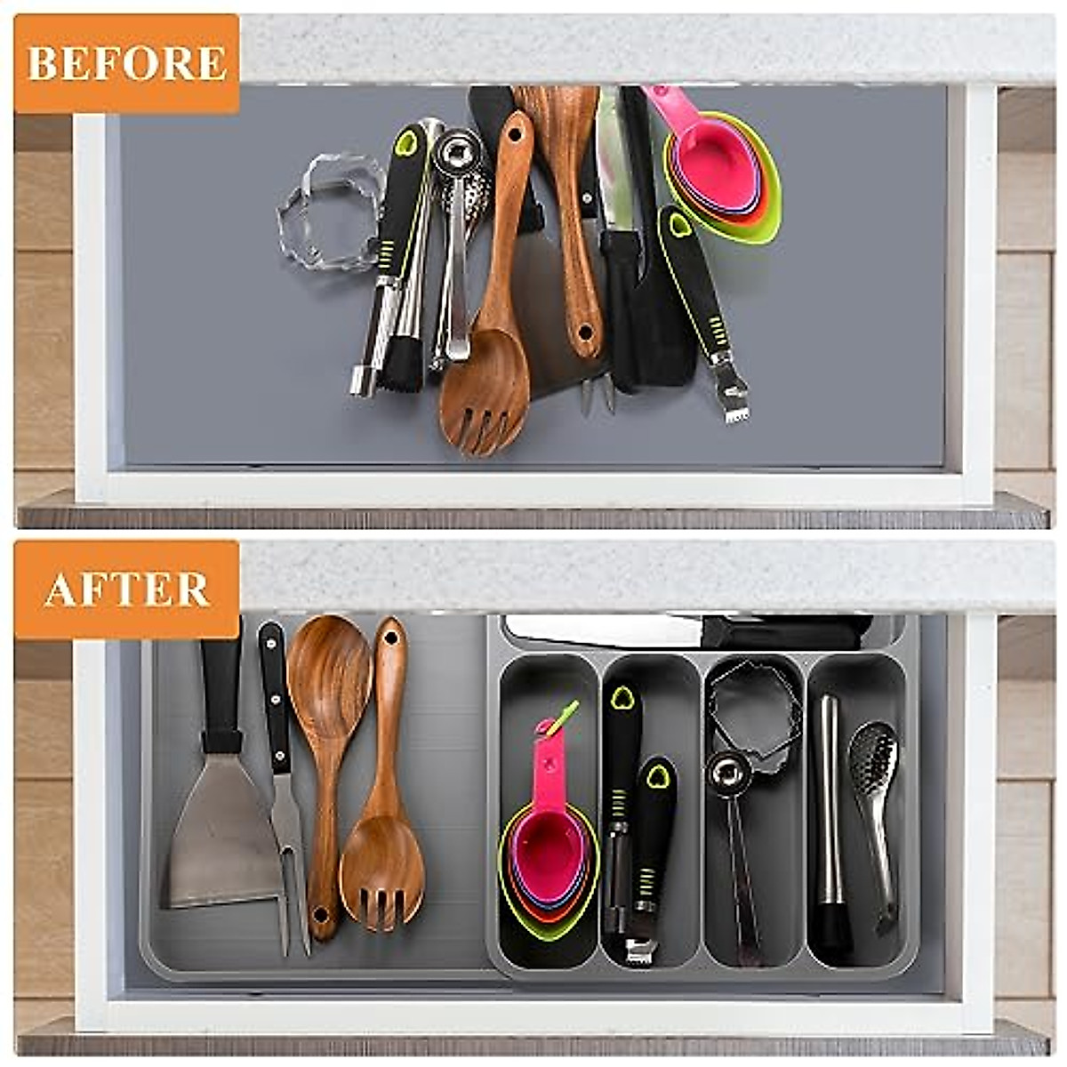 Pumtus 2 Pack Expandable Cutlery Drawer Organizer, Adjustable Kitchen Utensil Tray Set, 6 Compartment Flatware Storage Divider, Kitchen Organization for Utensils, Cutlery, Flatware Storage