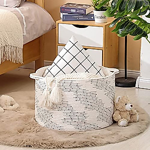 KAKAMAY Large Cotton Rope Blanket Basket (20"x13"),Woven Baby Laundry Hamper，Blanket Basket for Nursery, Laundry, Living Room, Pillows, Toys with Handles （White）