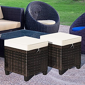 Tangkula 2 Pieces Outdoor Patio Ottoman, All Weather Rattan Wicker Ottoman Seat, Patio Rattan Furniture, Outdoor Footstool Footrest Seat w/Removable Cushions (Cream)