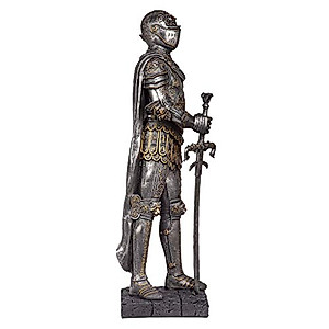 Design Toscano King's Guard Medieval Decor Half Scale Knight Armor Gothic Statue, 39 Inch Tall, Cast Stone Resin, Metallic Finish with Faux Stone Base
