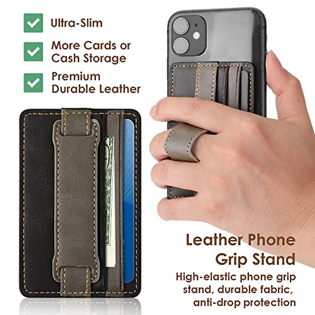 Cobee Cell Phone Card Holder Pouch Self-Adhesive Phone Kickstand with Elastic Band Stick on Wallet Card Holder for Back of Phone Case Leather ID Card Holder Sleeve Pouch Credit Card Grip Holder(Black)