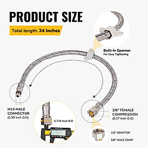 JUWO 24 inch Faucet Supply Line, Braided 3/8" Female Compression Thread × M10 Male Connector Water Line, Stainless Kitchen Sink Hose, Bathroom Faucet hose, Red & Blue (1 Pair)