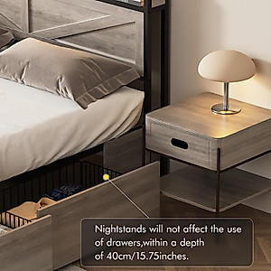 Halitaa LED Queen Size Bed Frame with Charging Station & 4 Drawers, Platform Metal Bed Frame with Headboard USB Ports Outlets, Farmhouse Bed Frame with LED Lights, Noise Free, Wash Grey (Queen)