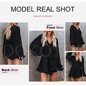 Dokotoo Womens Summer Spring Romper Ladies Elegant Plain Sexy V Neck Flared Long Sleeve Waist Tiet Pleated Drape Rompers and Jumpsuits for Women Dressy Black X-Large
