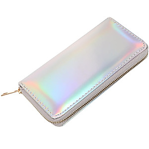 TENDYCOCO Sparking Cell Pouch Wallet Clutch Carteras Pu Women Female Coin Leather Long Wallets Credit Rainbow Portfel Shining Silver Zipper Holographic Slim Bag Purses Iridescent Girls for