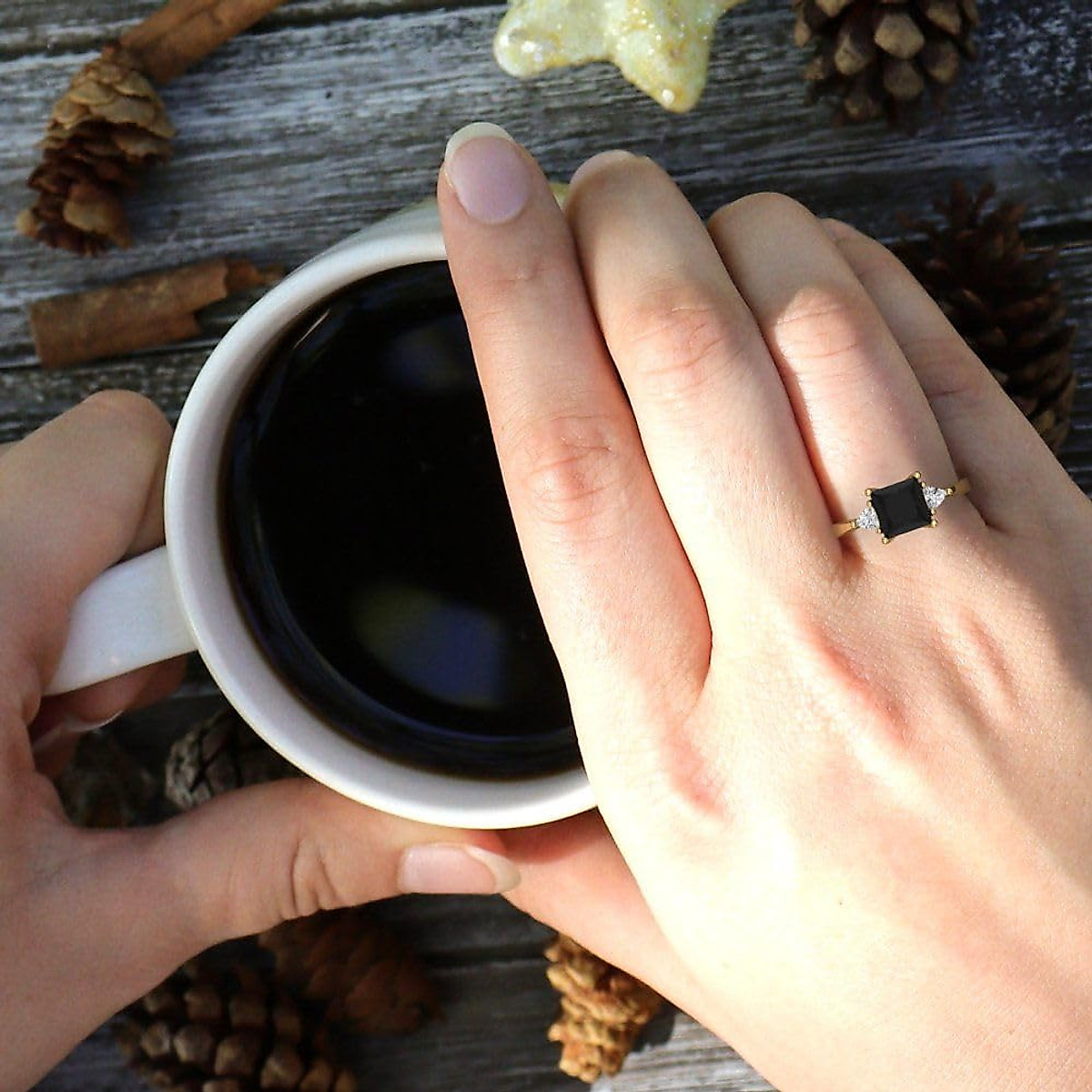 2.40ct Princess cut 3 stone Solitaire Natural Black Onyx Engagement Promise Anniversary Bridal Ring 18K Yellow Gold 10.25