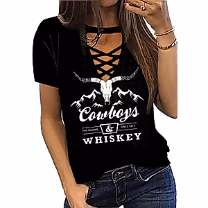 Cowboy Whiskey Criss-Cross Hollow Out T-Shirt Women Western Country Music Shirt Vintage Cowgril Short Sleeve Tops(As Shown-003,XL)